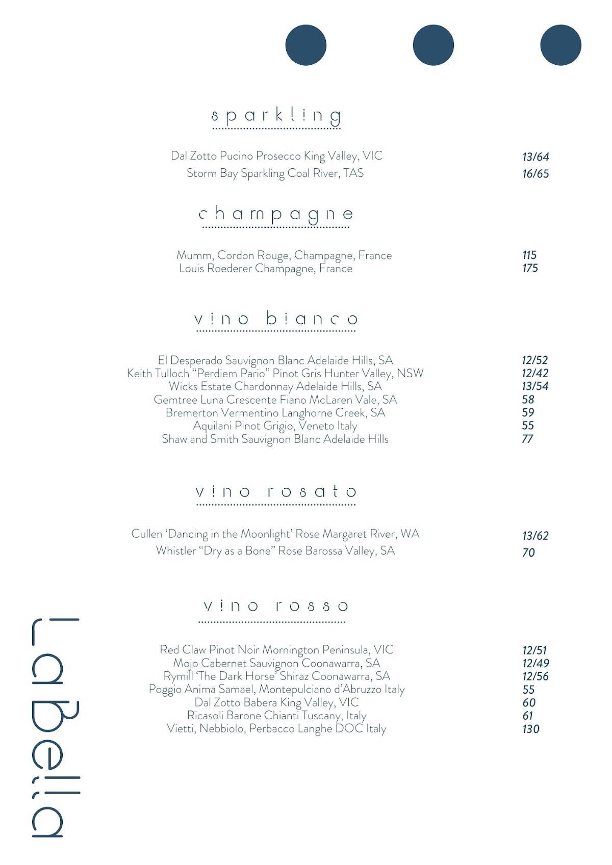 Menu at La Bella Trattoria & Bar, Sydney