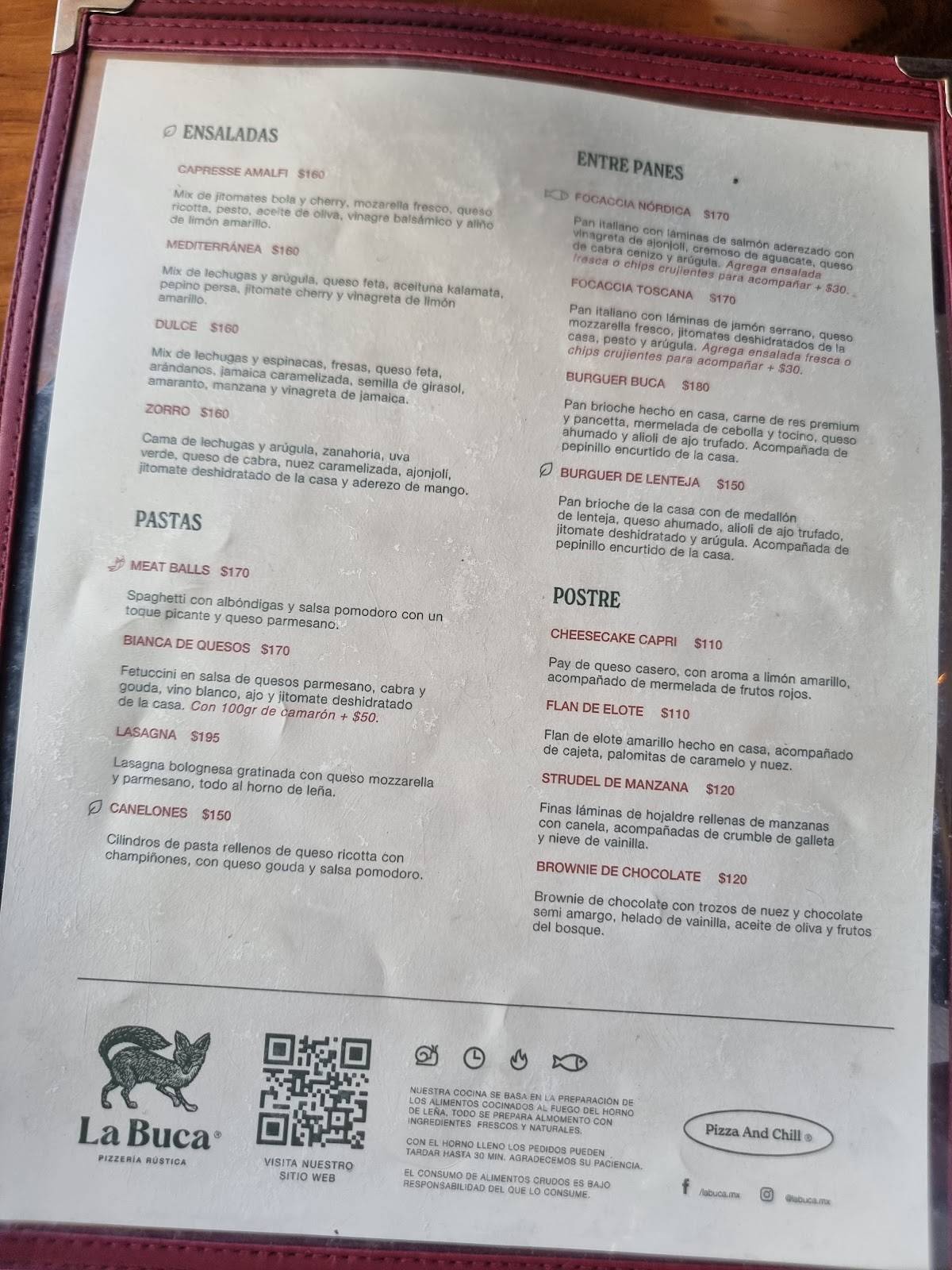 Carta del restaurante La Buca, Morelia