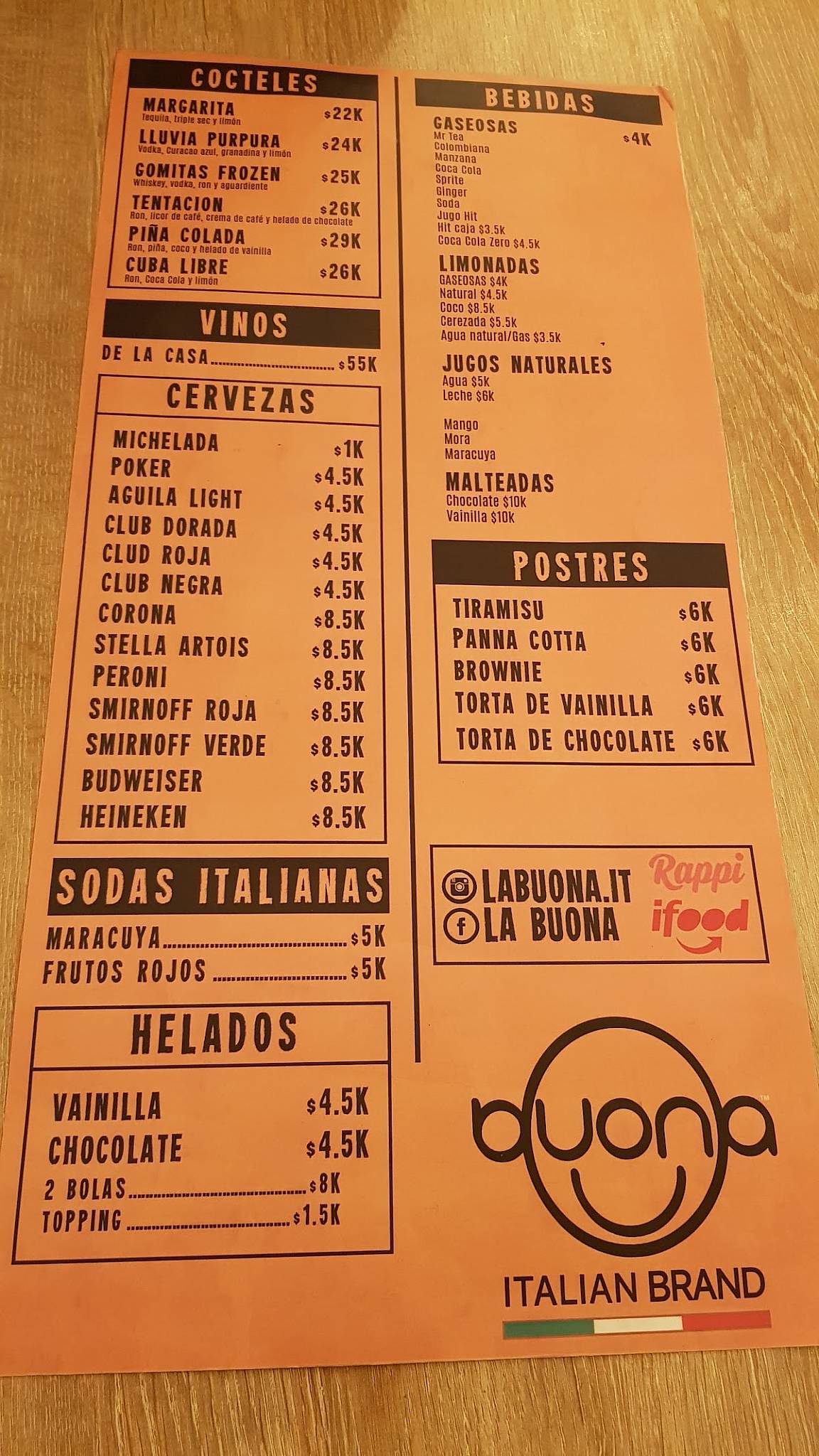 Menu at La Buona restaurant, Cali