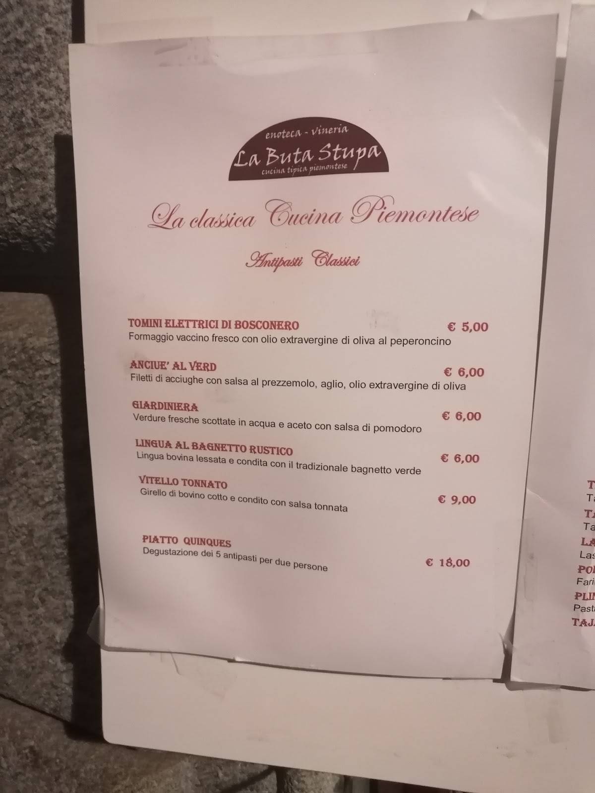 Menu da La Buta Stupa ristorante, Torino