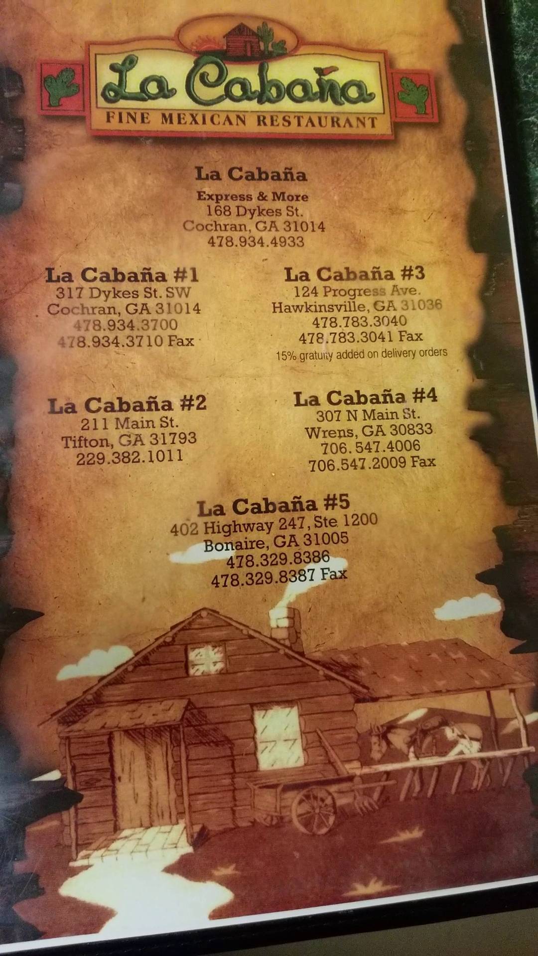 Menu at La Cabana Mexican Restaurant, Hawkinsville