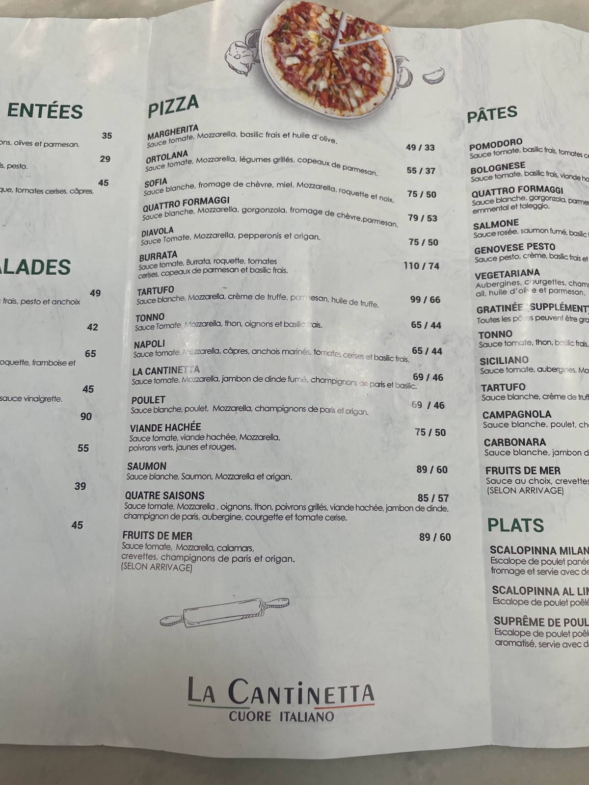 Menu au La Cantinetta restaurant, Casablanca