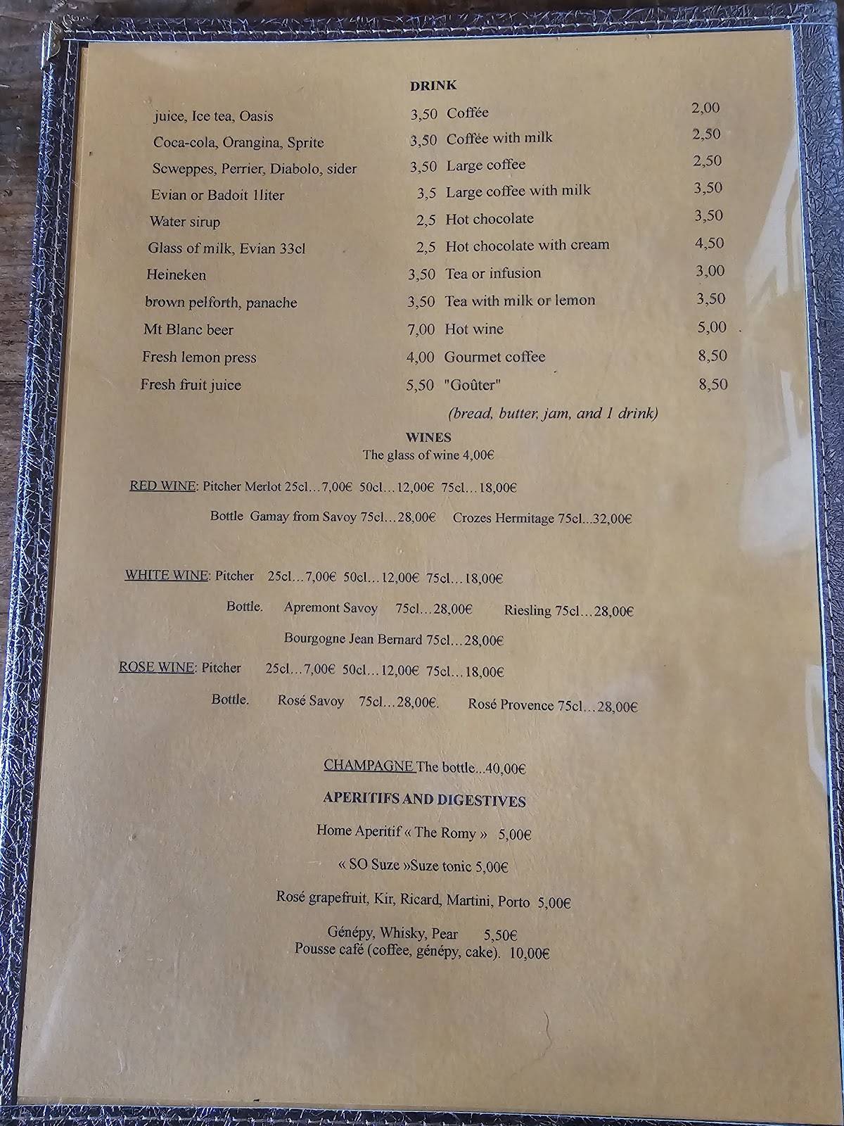 Menu at La Cascade du Dard restaurant, Chamonix, Chem. du Glacier