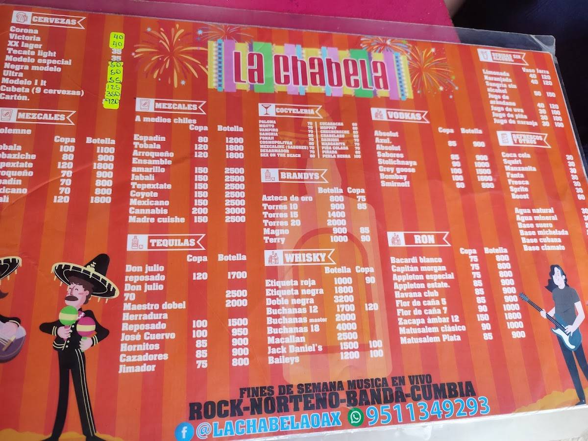 Carta del pub y bar La Chabela, San Antonio del la Cal