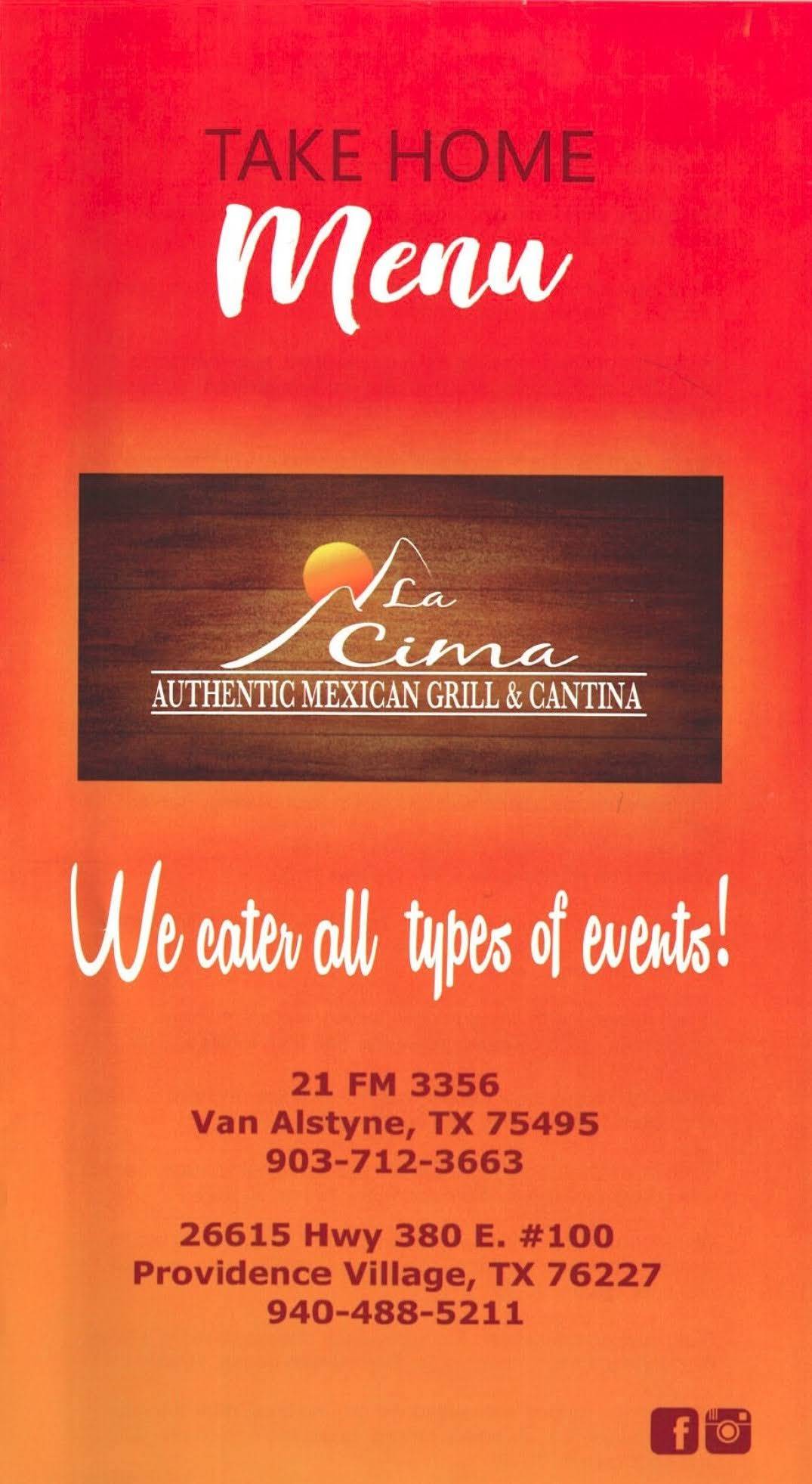 Menu at La Cima restaurant, Van Alstyne
