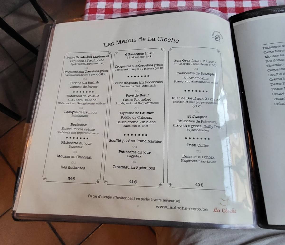 Menu au La Cloche restaurant, Mouscron