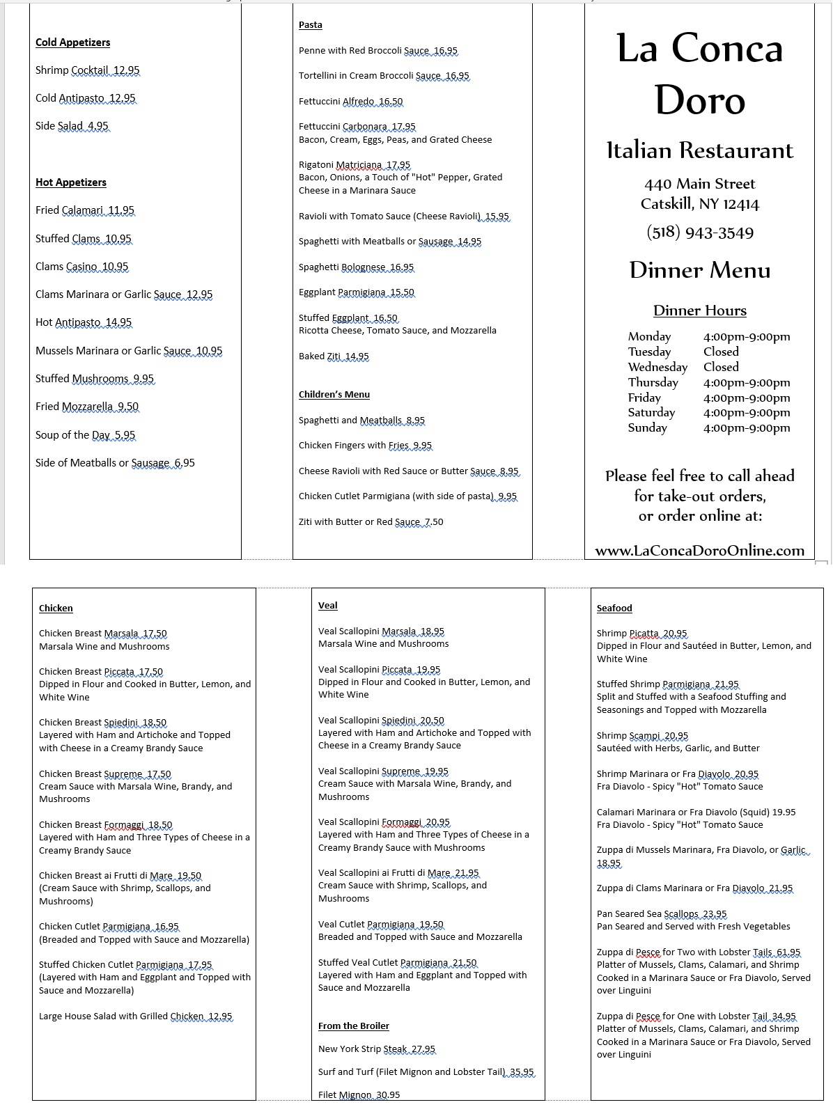 Menu at La Conca D'oro restaurant, Catskill