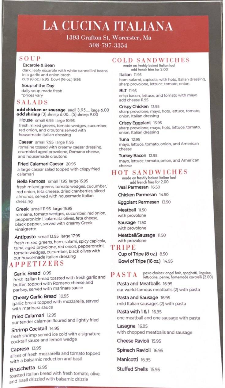 Menu at La Cucina Italiana restaurant, Worcester, Grafton St