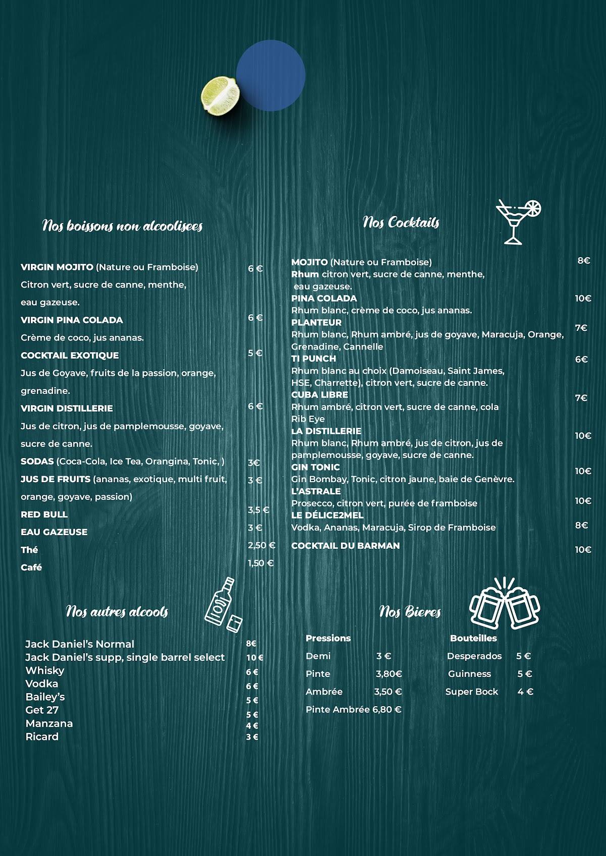 Menu au La Distillerie pub et bar, Lons