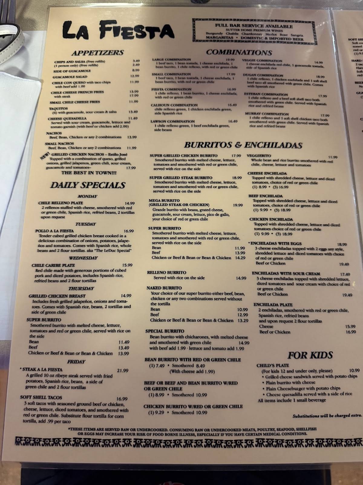 Menu at La Fiesta restaurant, Denver, Champa St
