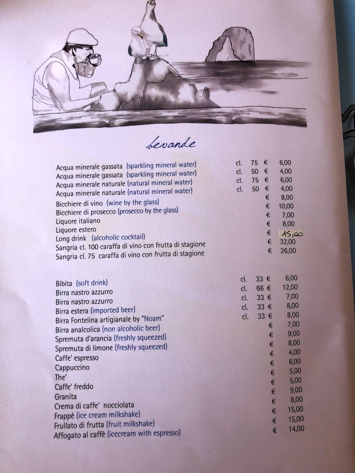 Menu at La Fontelina pub & bar, Capri, Via dei Faraglioni
