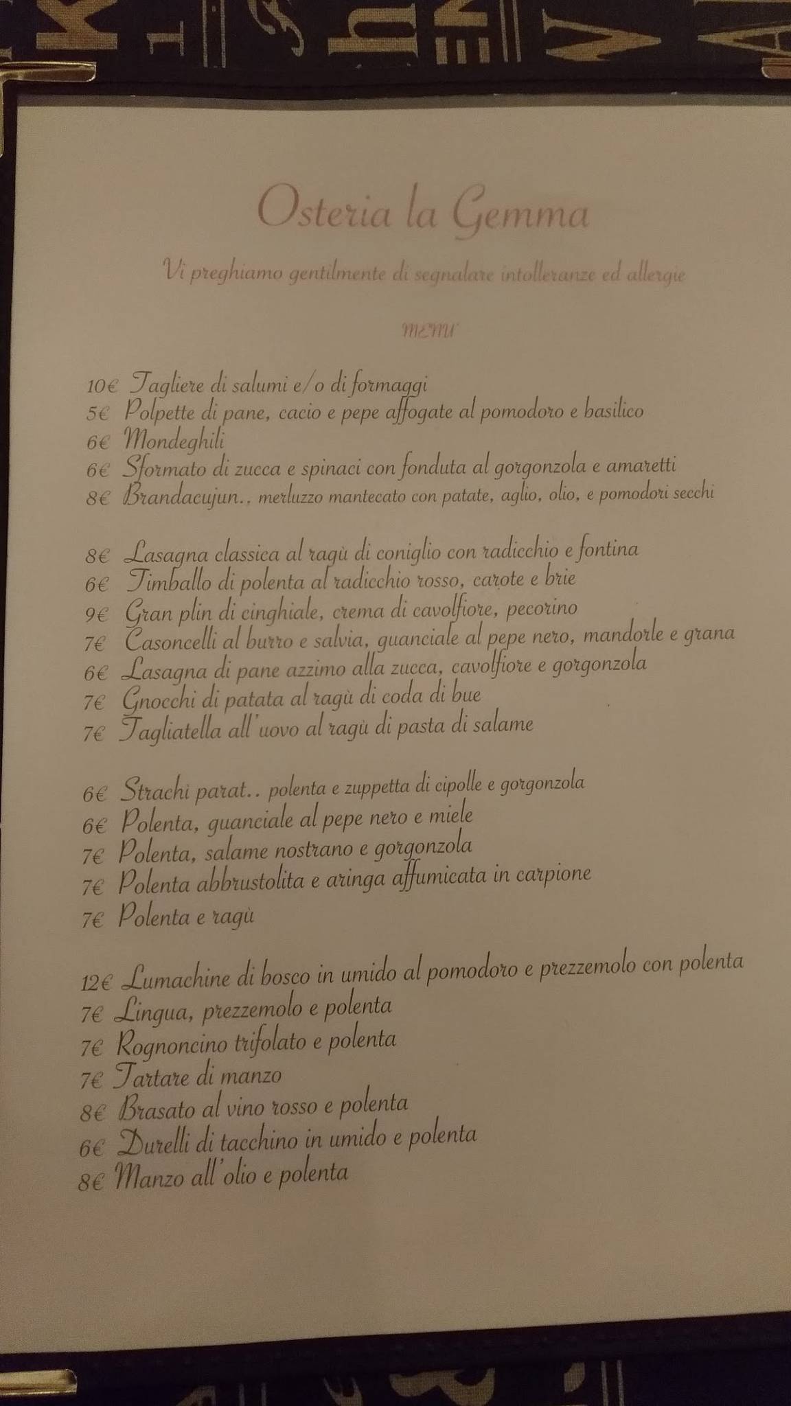 Menu da La Gemma ristorante, Trezzo sull'Adda