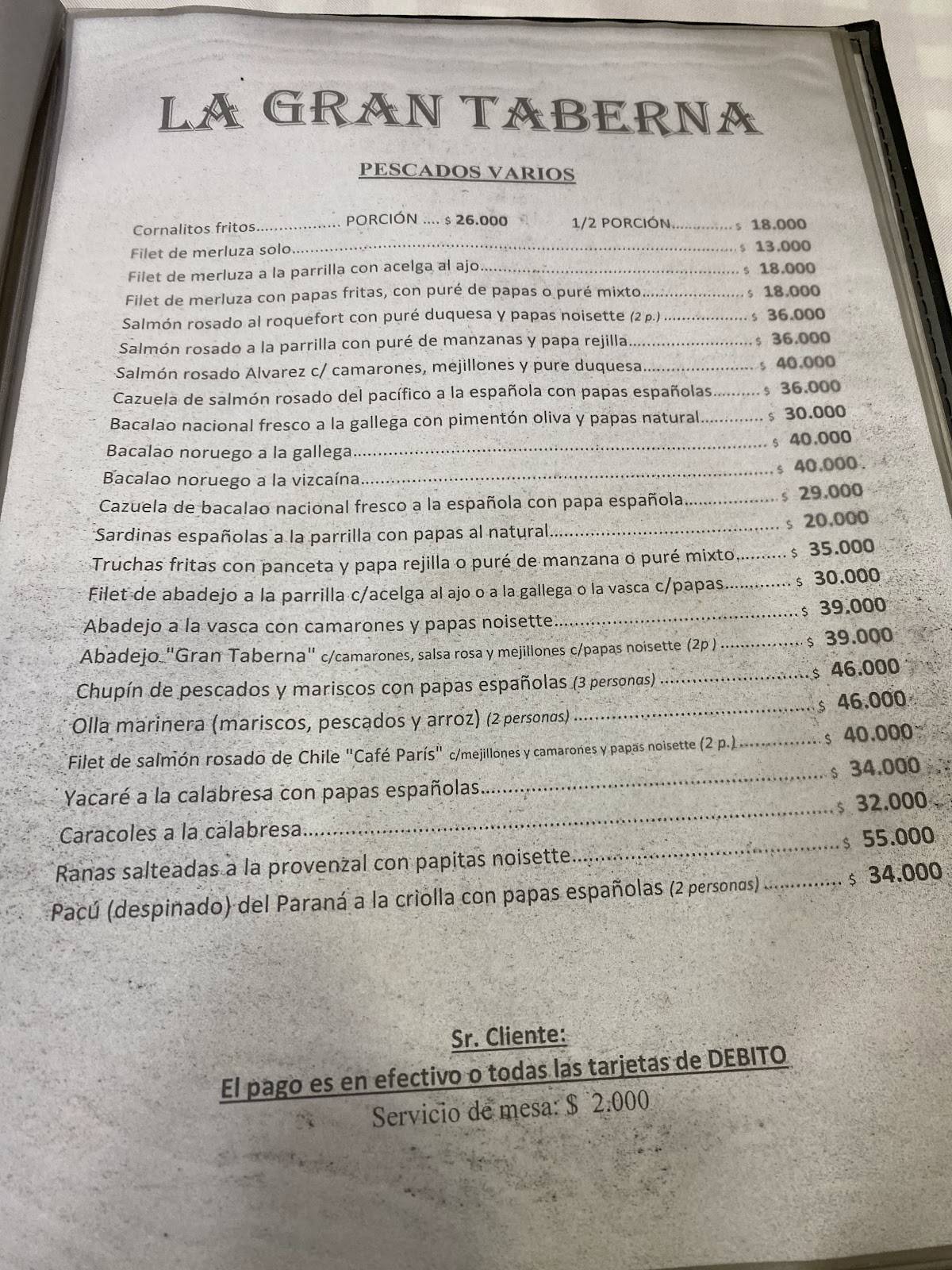 Carta del restaurante La Gran Taberna, Buenos Aires, Combate del los ...