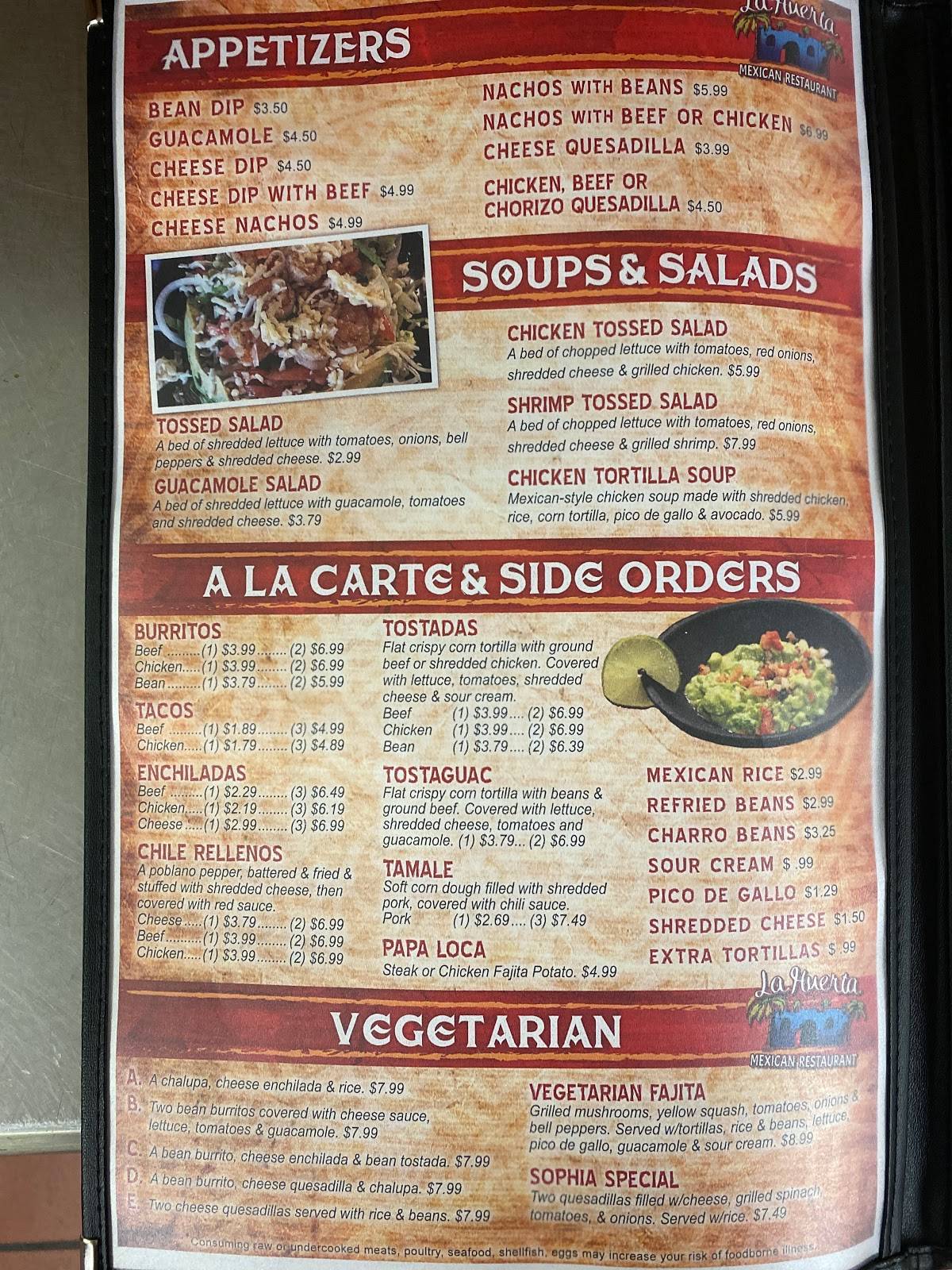Menu at La Huerta restaurant, Poteau