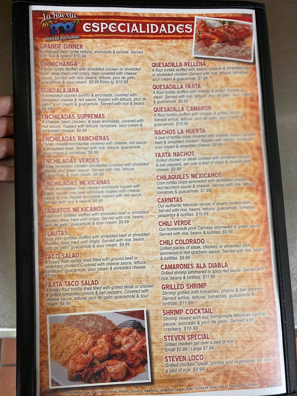 Menu at La Huerta restaurant, Poteau