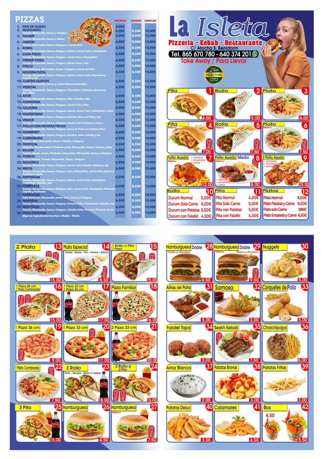Carta de La Isleta pizzera kebab y restaurante, Benidorm