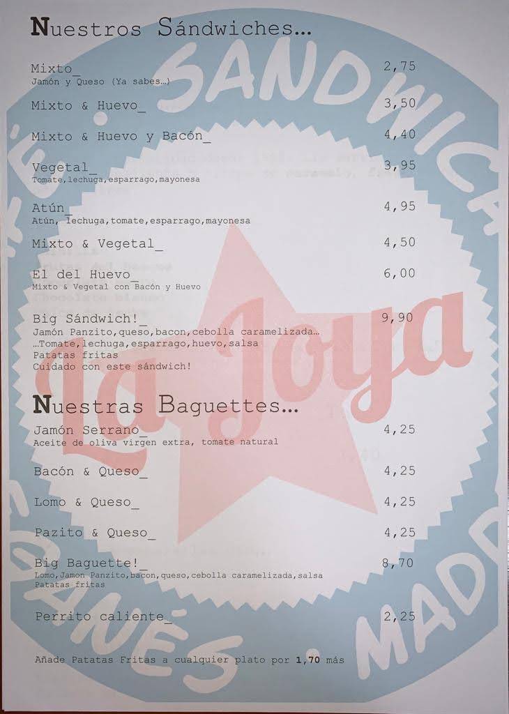 Carta de La joya cafe, Leganés, calle los monegros 8