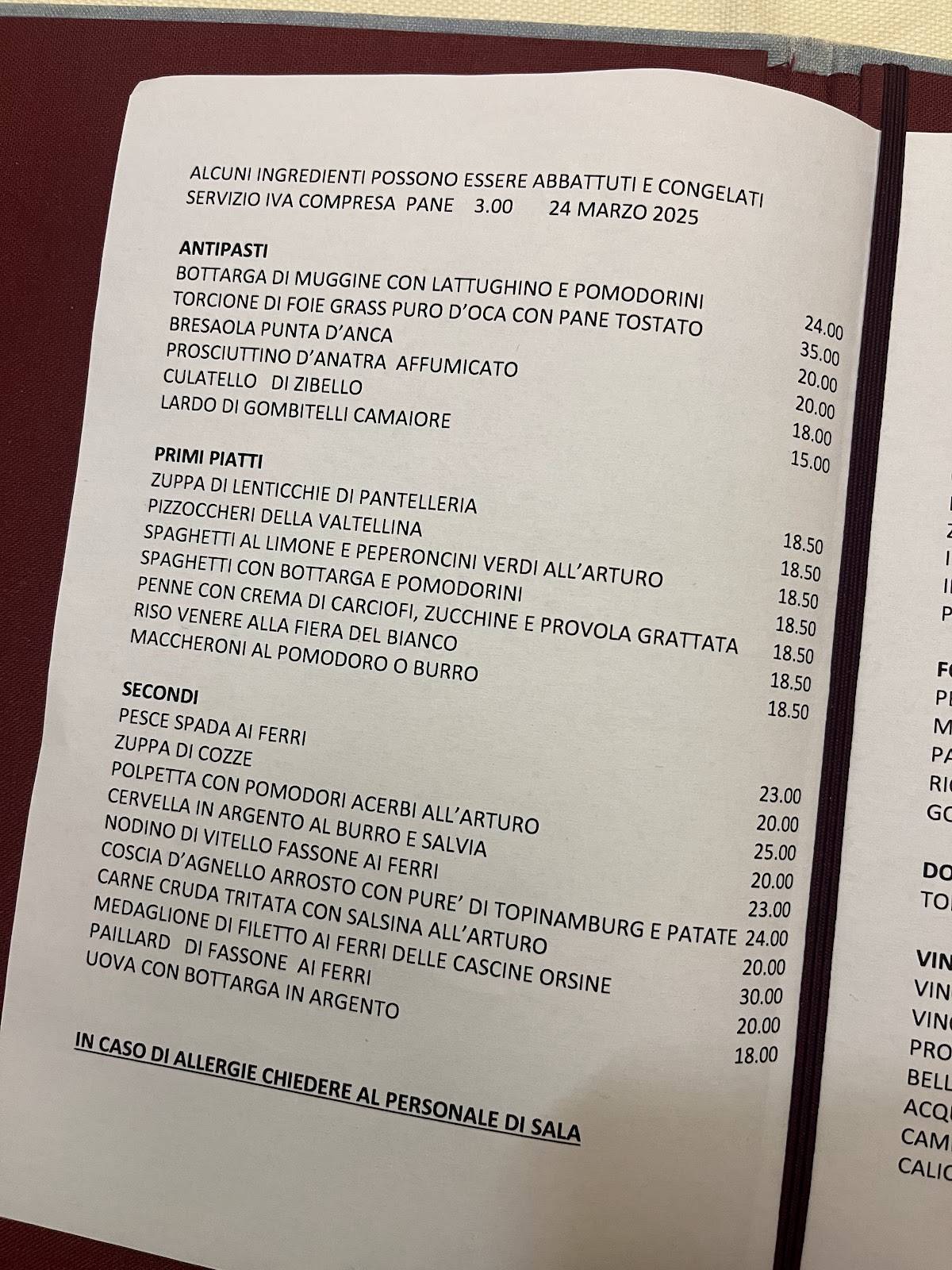 Menu at La Latteria restaurant, Milan, Via S. Marco