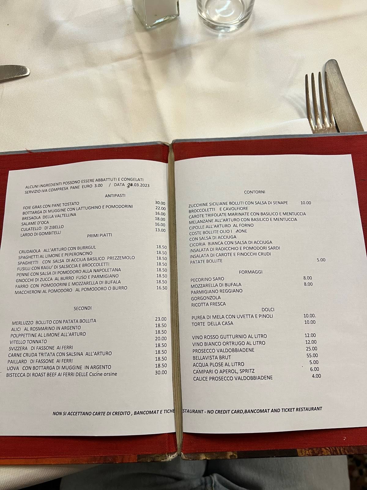 Menu at La Latteria restaurant, Milan, Via S. Marco