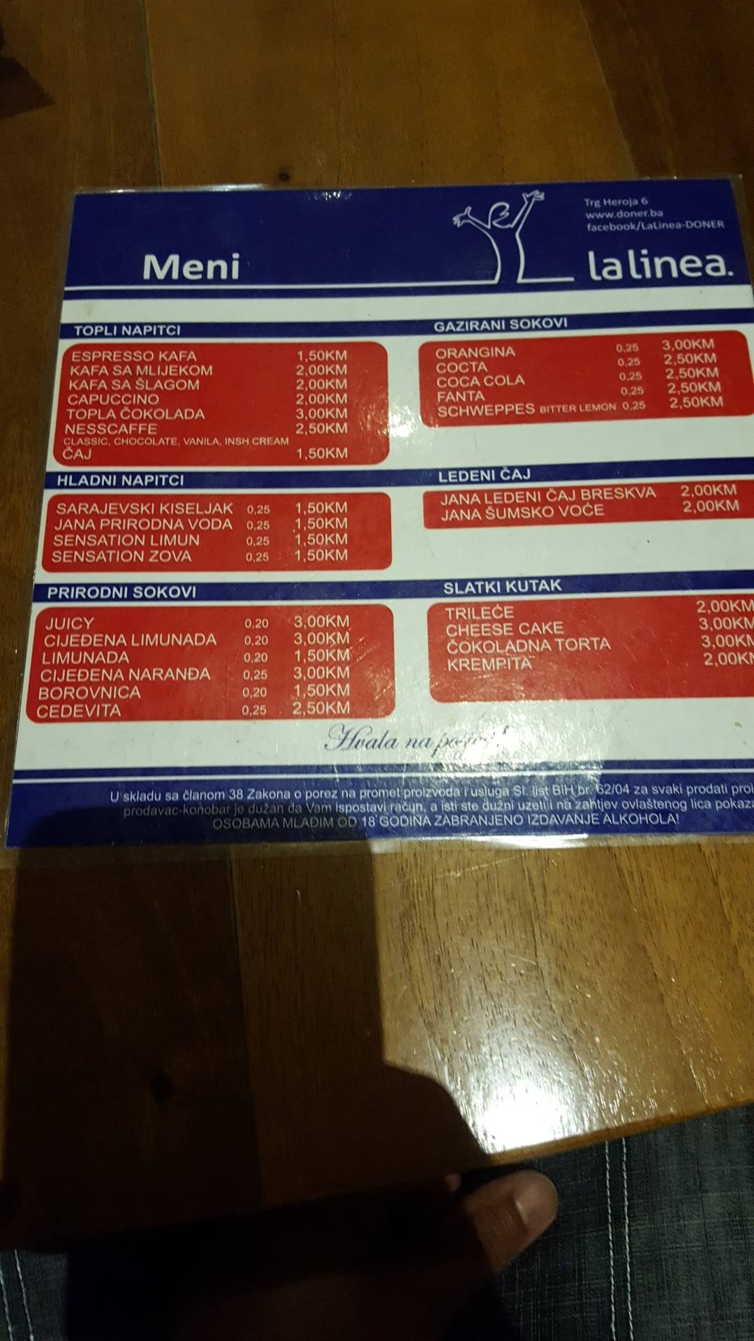 Speisekarte von La Linea restaurant, Sarajevo