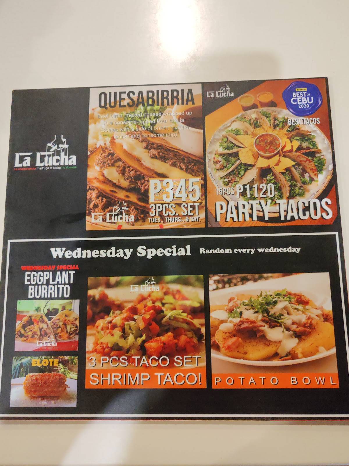 Menu at La Lucha Taqueria restaurant, Cebu City, Mango Square