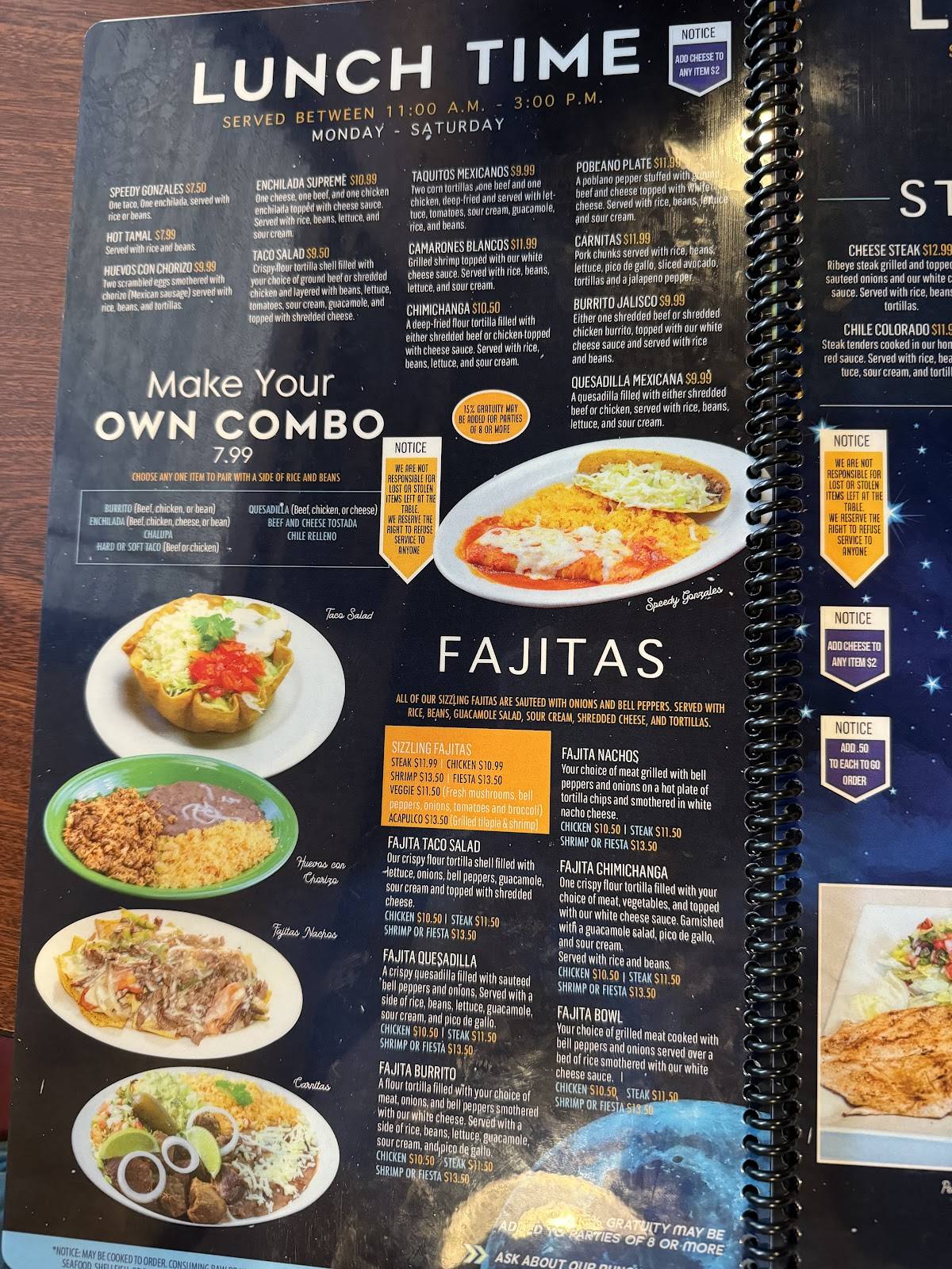 Menu at La Luna Mexican Grille steakhouse, Pineville