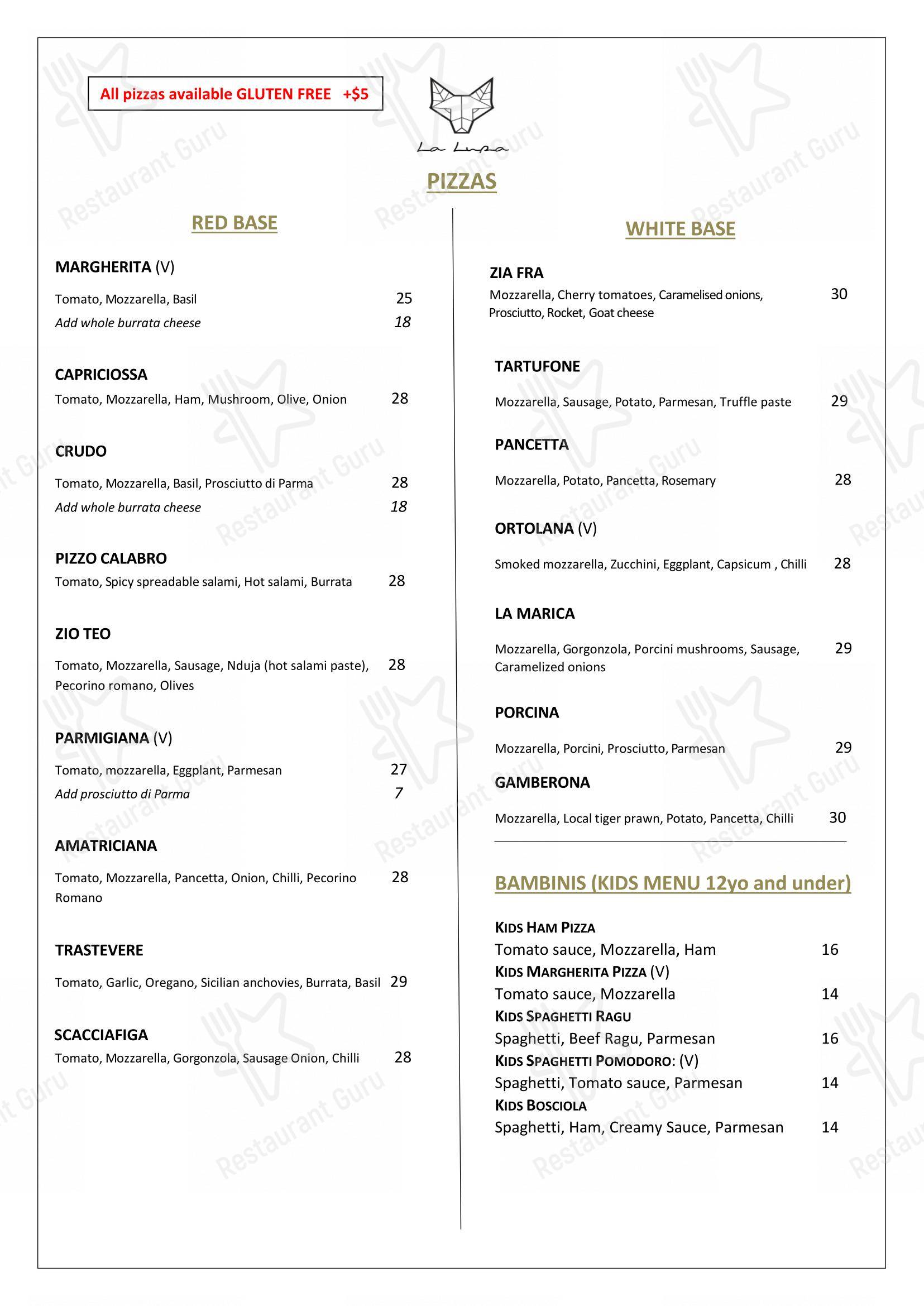 Menu at La Lupa restaurant, West End