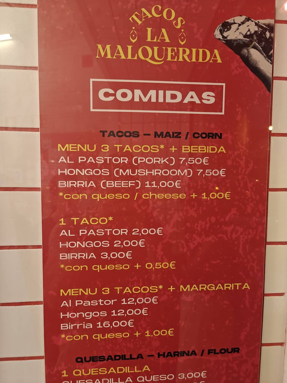 Menu at La Malquerida restaurant, Lisbon