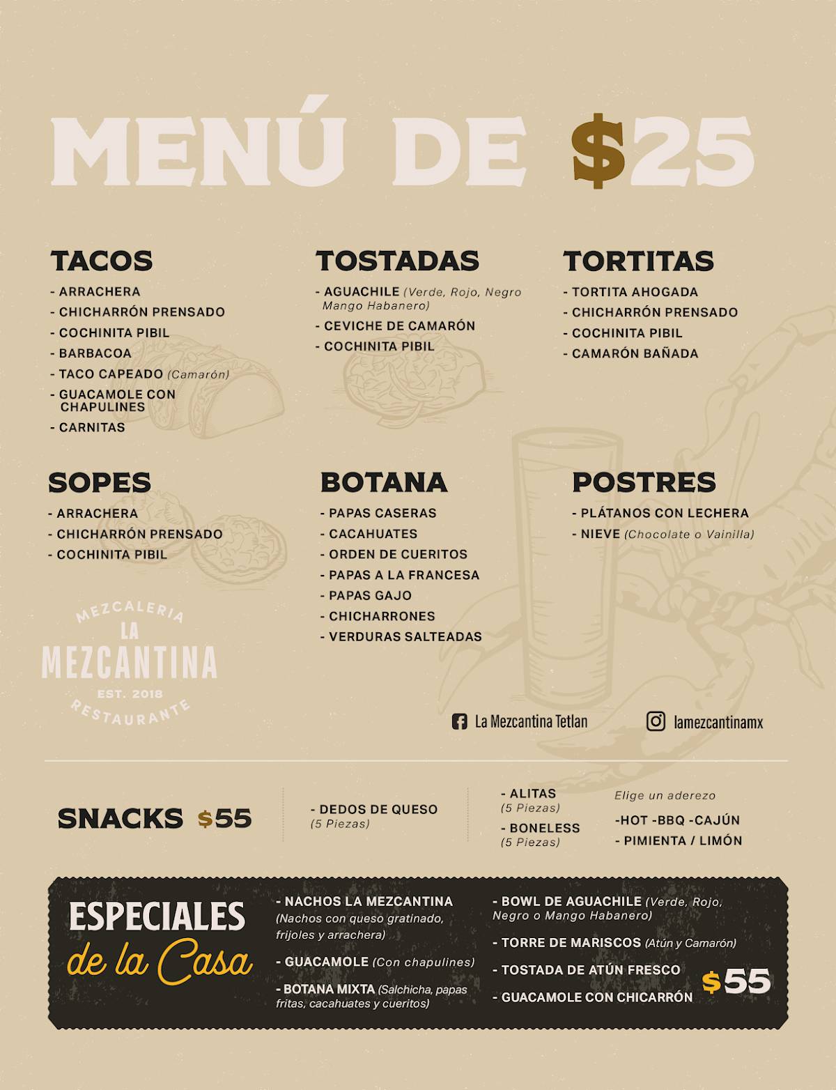 Carta del pub y bar La Mezcantina (Tetlán), Guadalajara