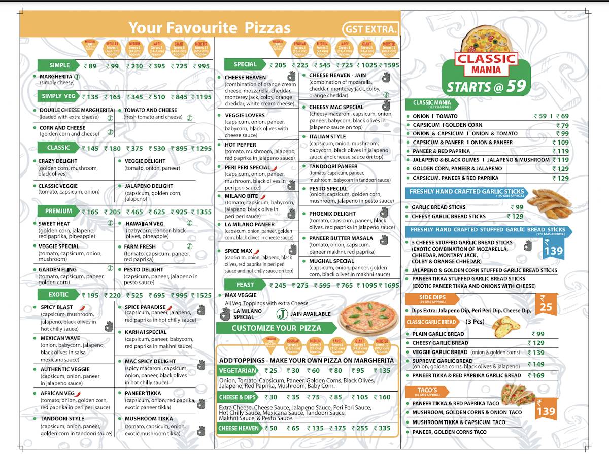 Menu at La Milano Pizzeria, Vadodara, Multiplex