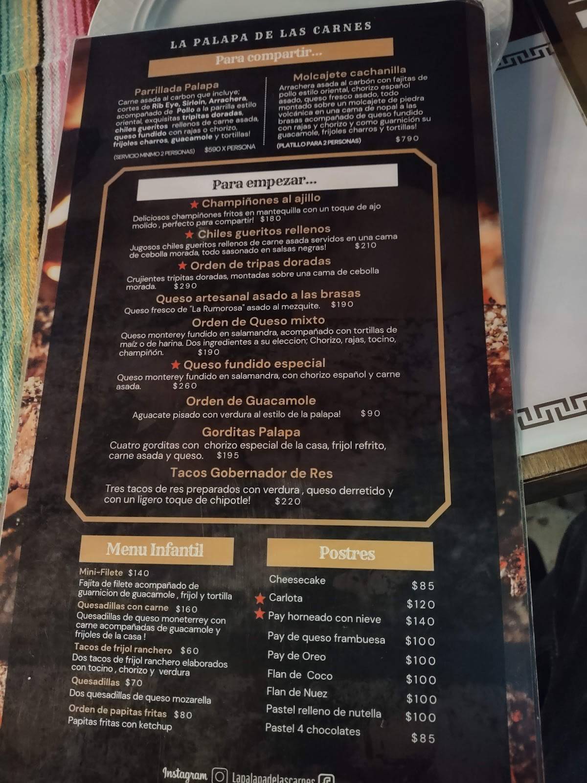 Carta del restaurante La Palapa del las Carnes, Mexicali, C. Novena 679