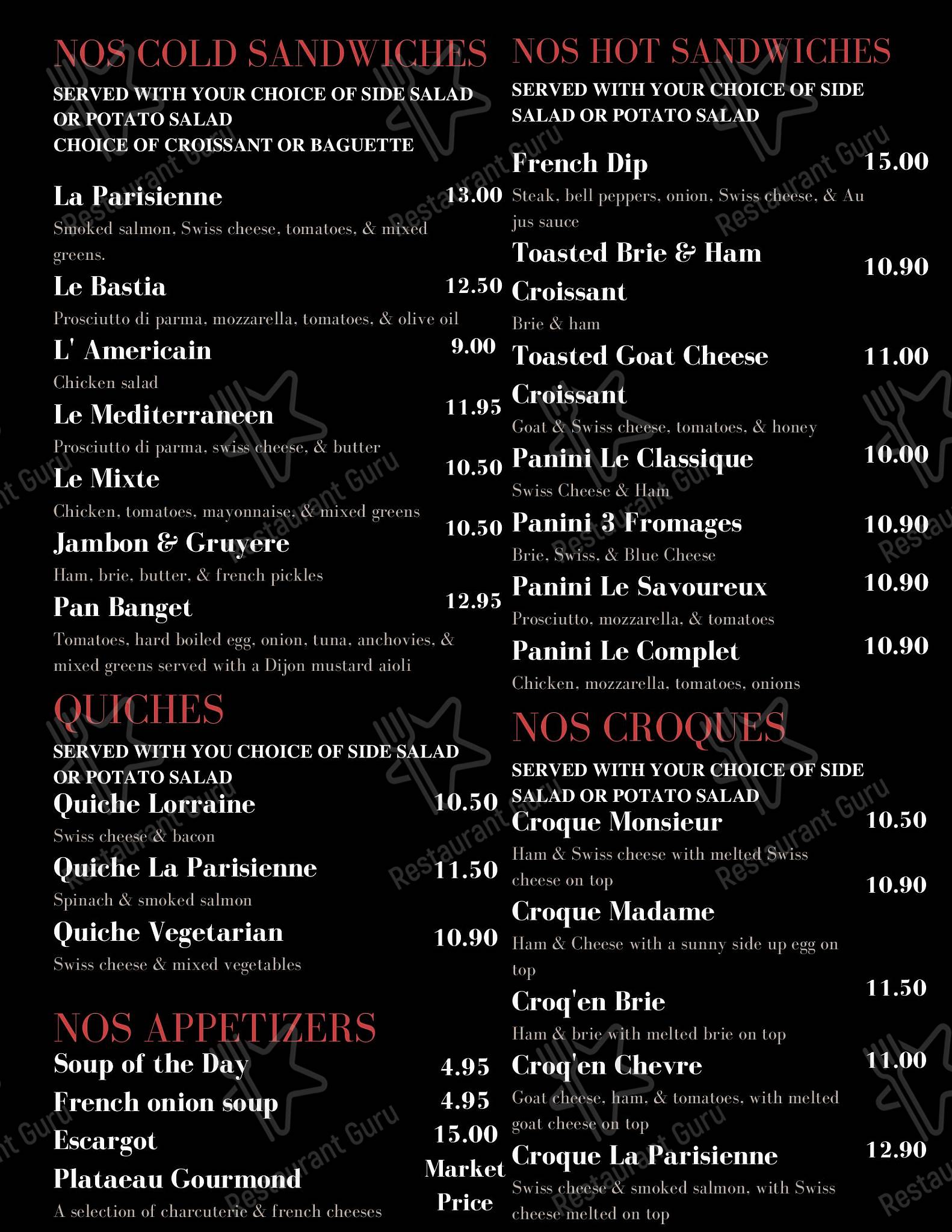 Menu at La Parisienne French restaurant and bakery, Aiken