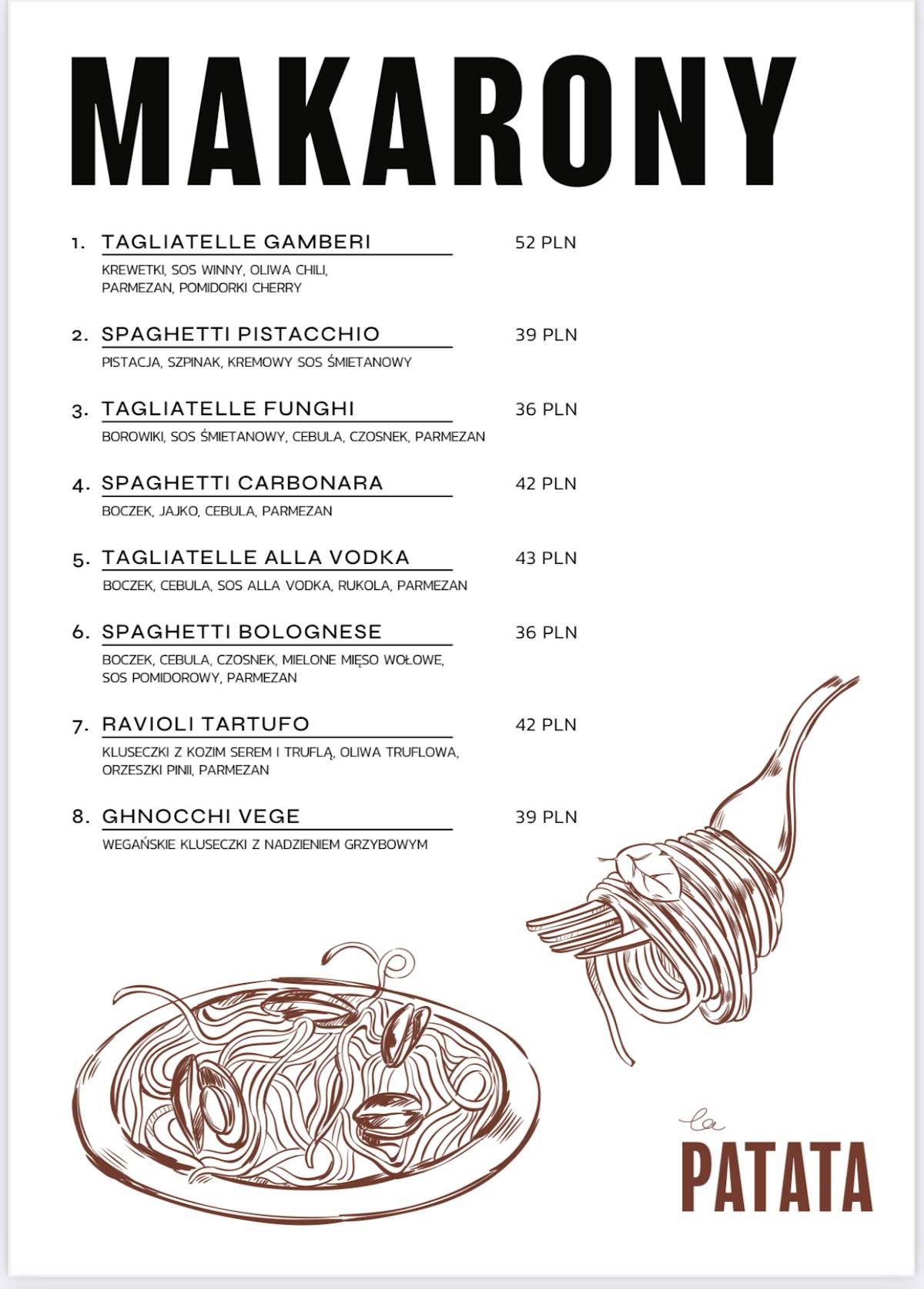 Carta del restaurante La Patata Miasteczko Wilanów, Varsovia