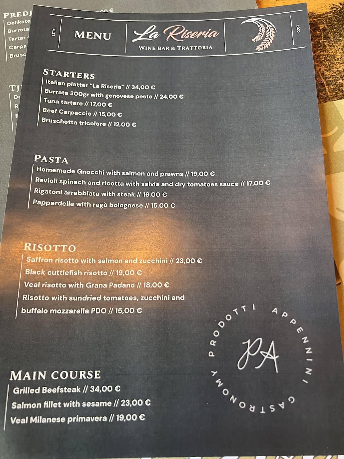 Menu da La Riseria WineBar Trattoria, Zagabria