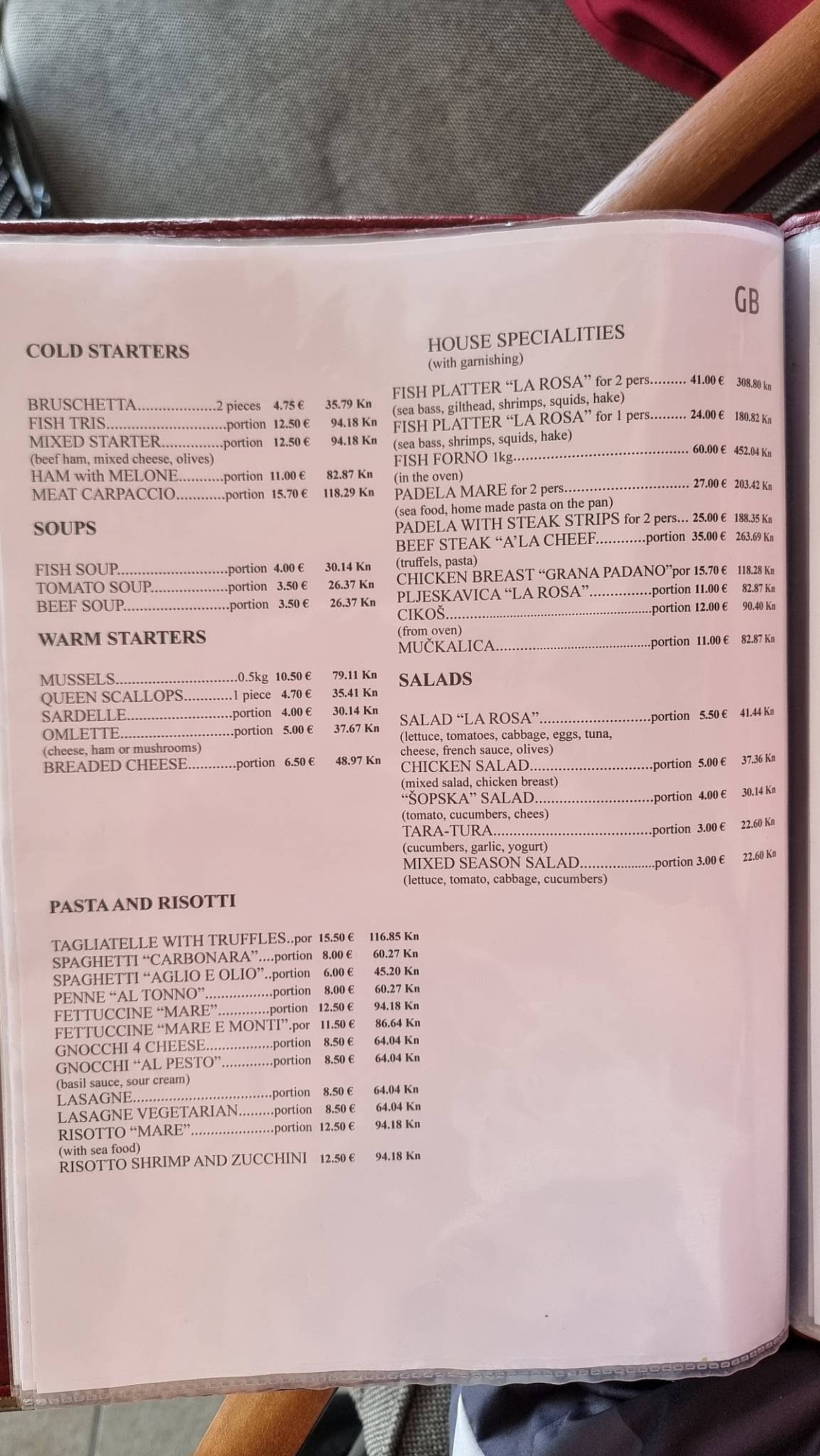 Menu da La Rosa ristorante, Vrsar