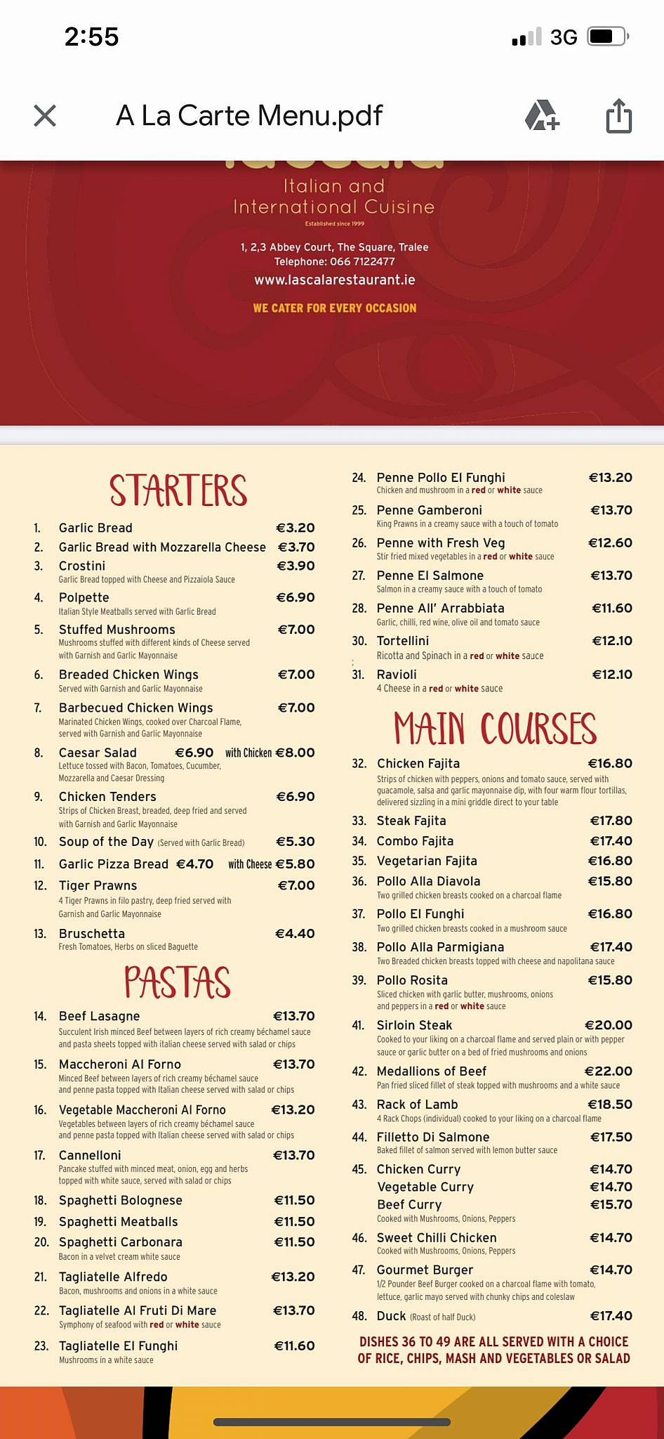 Menu at La Scala Restaurant, Tralee