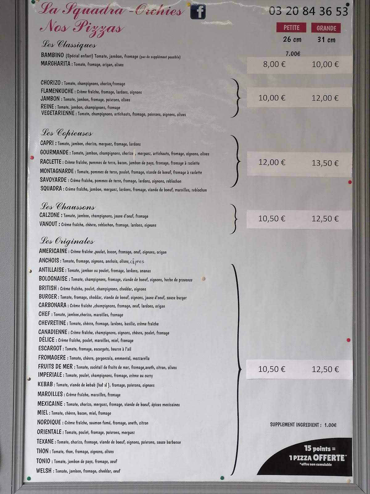 Menu au La Squadra Orchies pizzeria, Orchies