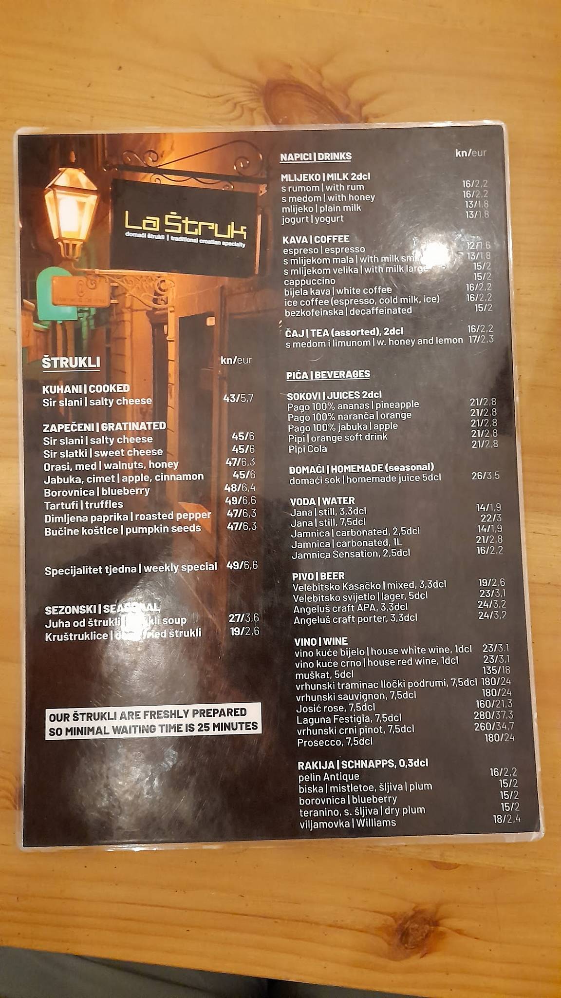 Menu at La Štruk restaurant, Zagreb