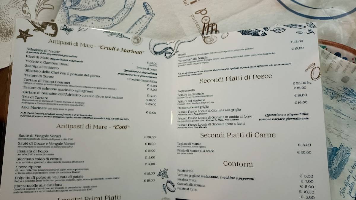 Menu at La Tana del Polpo restaurant, Bari