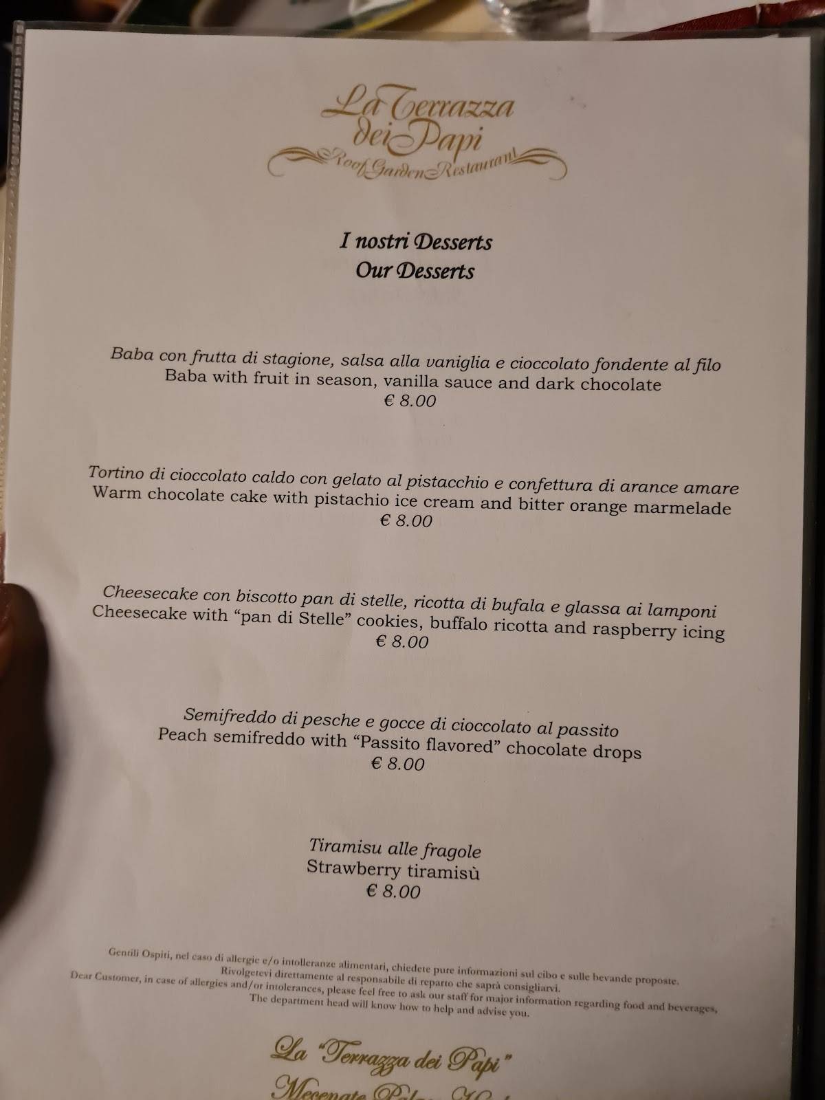 Carta de La Terrazza dei Papi Rooftop Restaurant, Roma