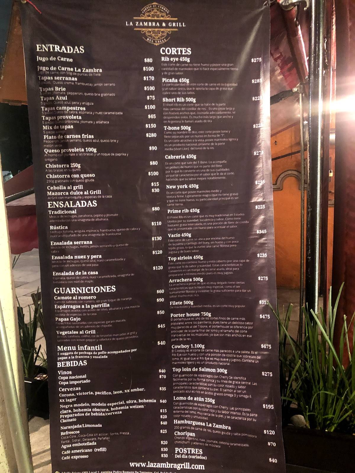 Carta de barbacoa La Zambra & Grill, Ciudad de México