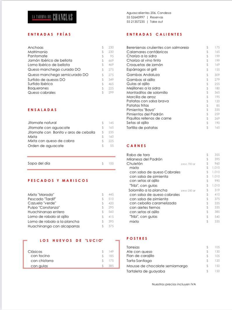 Carta del restaurante La taberna del Chanclas, Ciudad del México ...