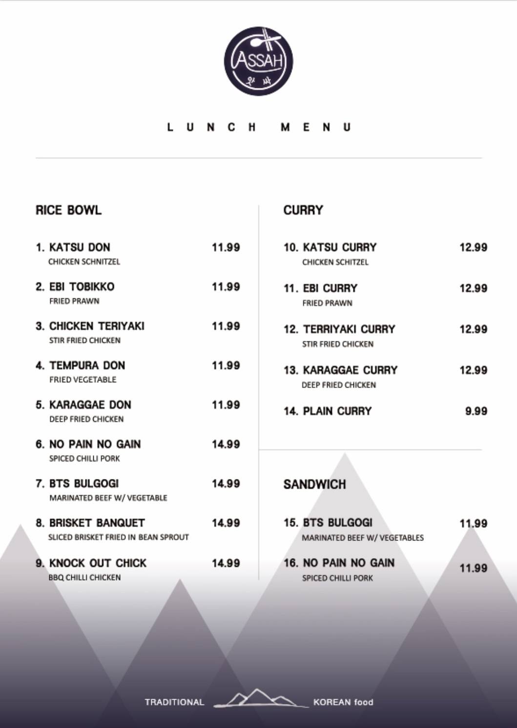 Menu at Assah restaurant, Southport