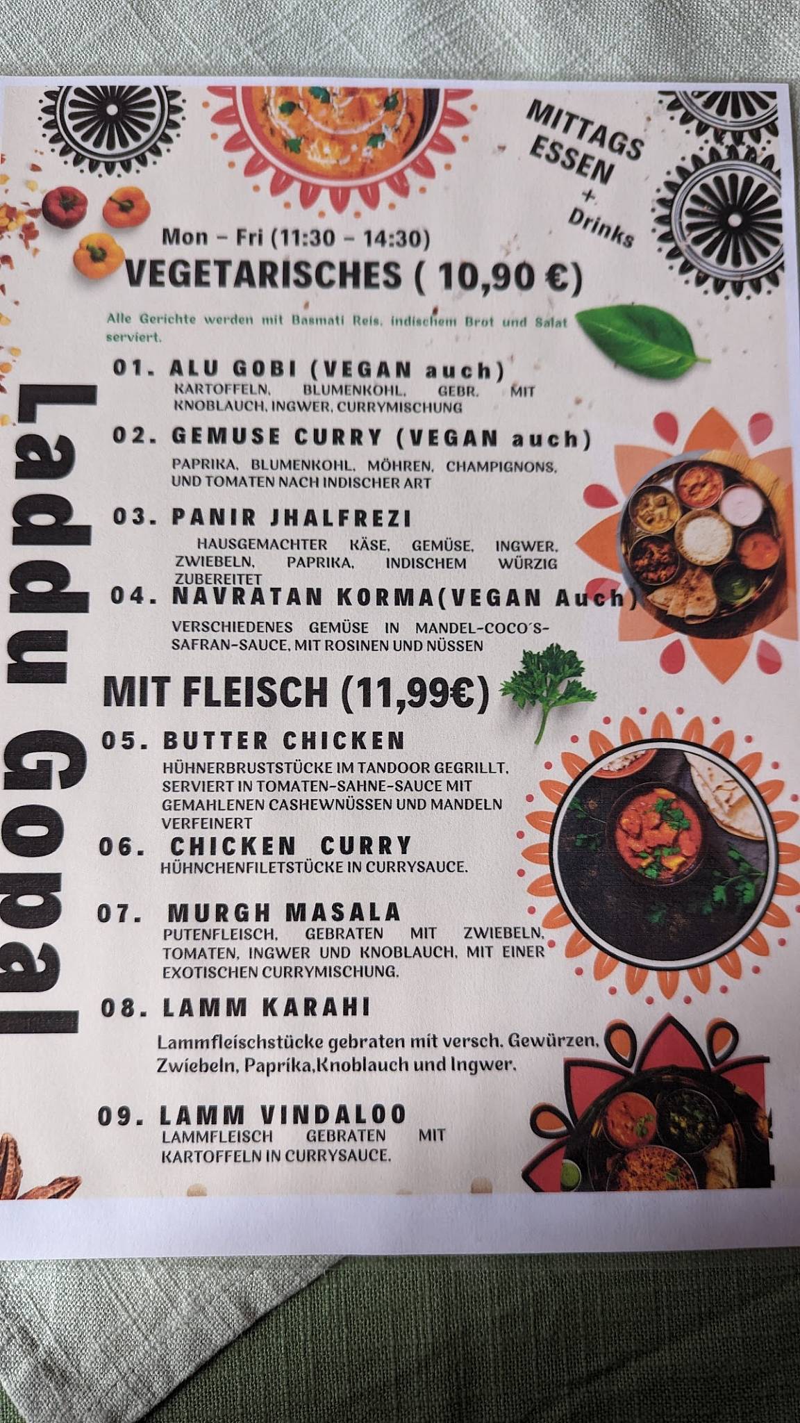 Menu au Laddu Gopal restaurant, Wolfsbourg