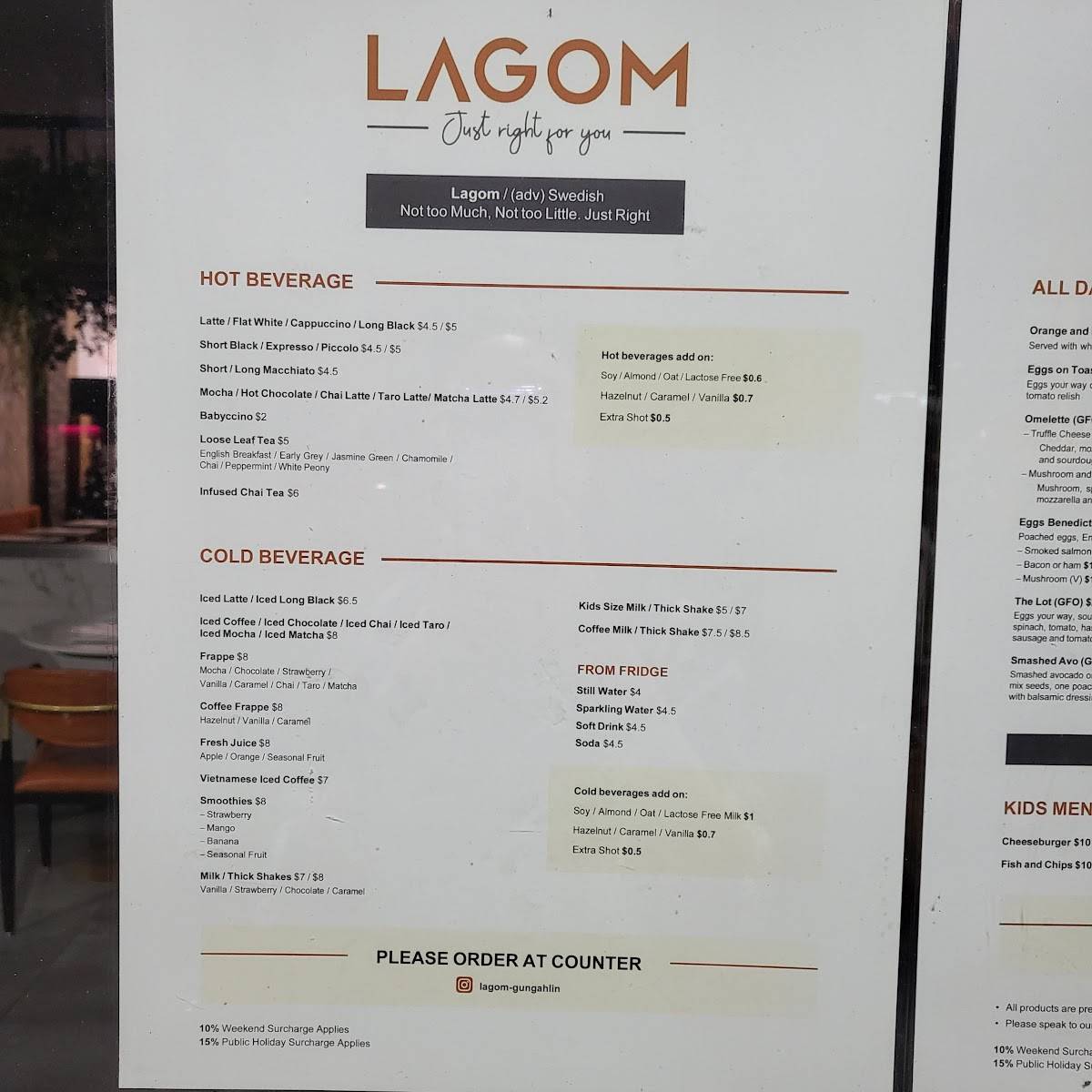 Menu at Lagom cafe, Gungahlin