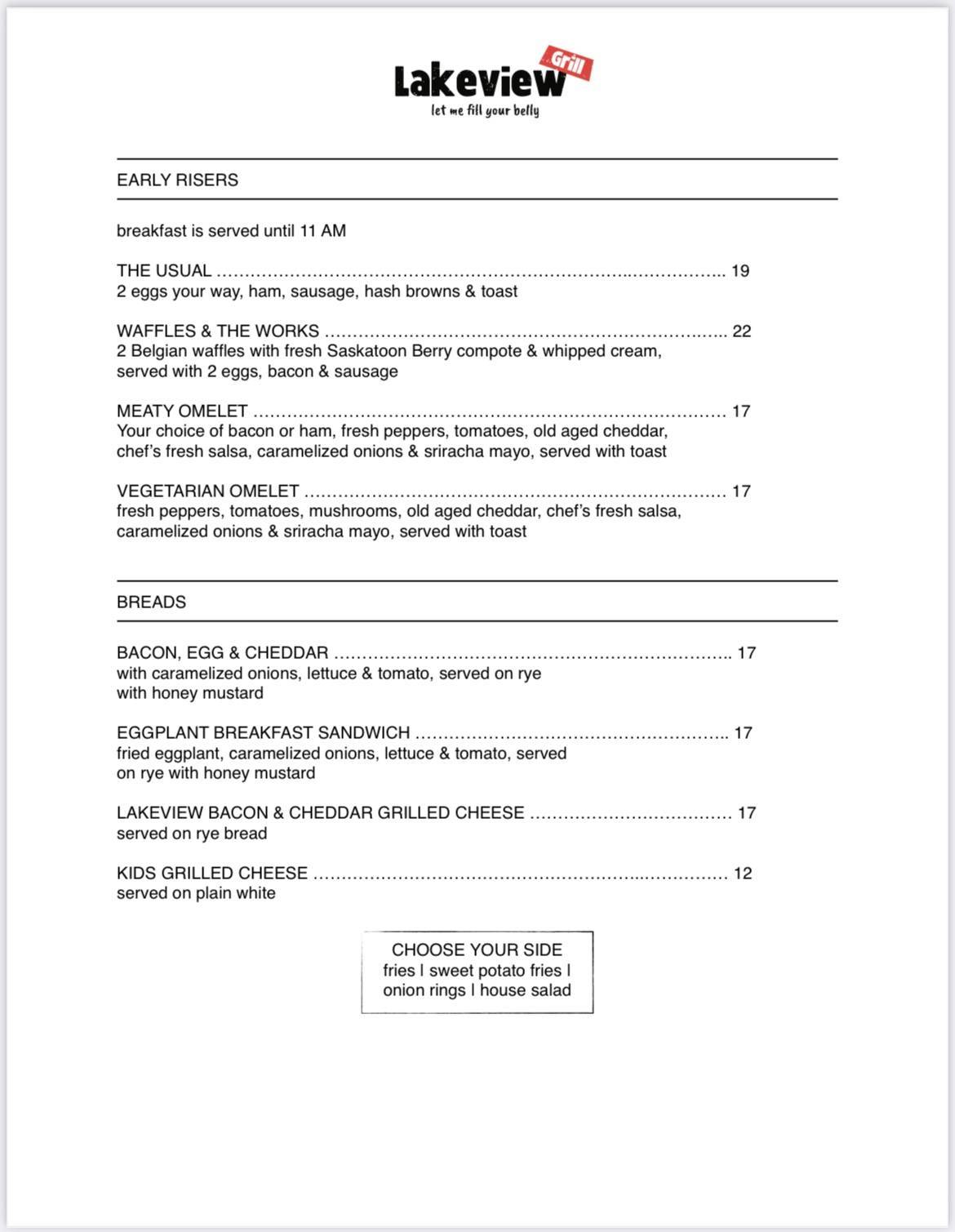 Menu at Lake View Grill restaurant, Canada, 3 Benneves Dr
