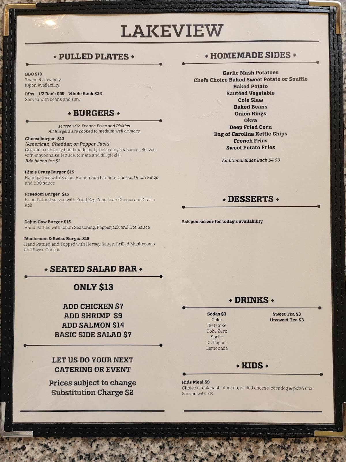 Menu at Lakeview The Dam Restaurant, Greer