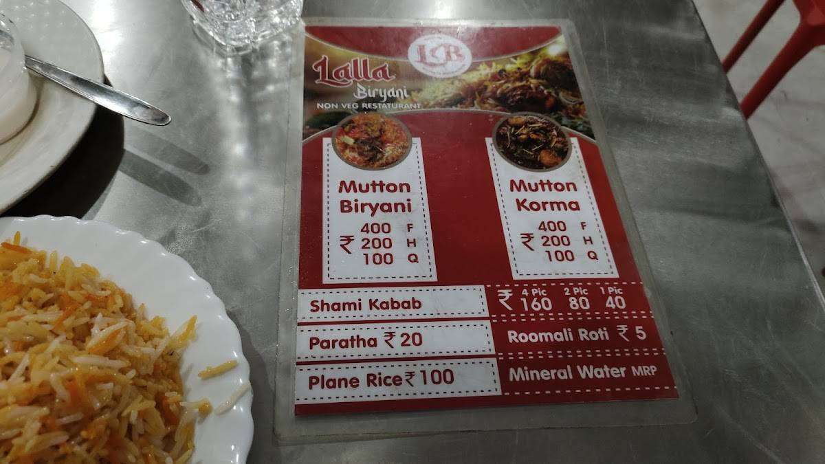 Menu at Lalla Biryani, Lucknow, Bal Mukund Bajpai Marg