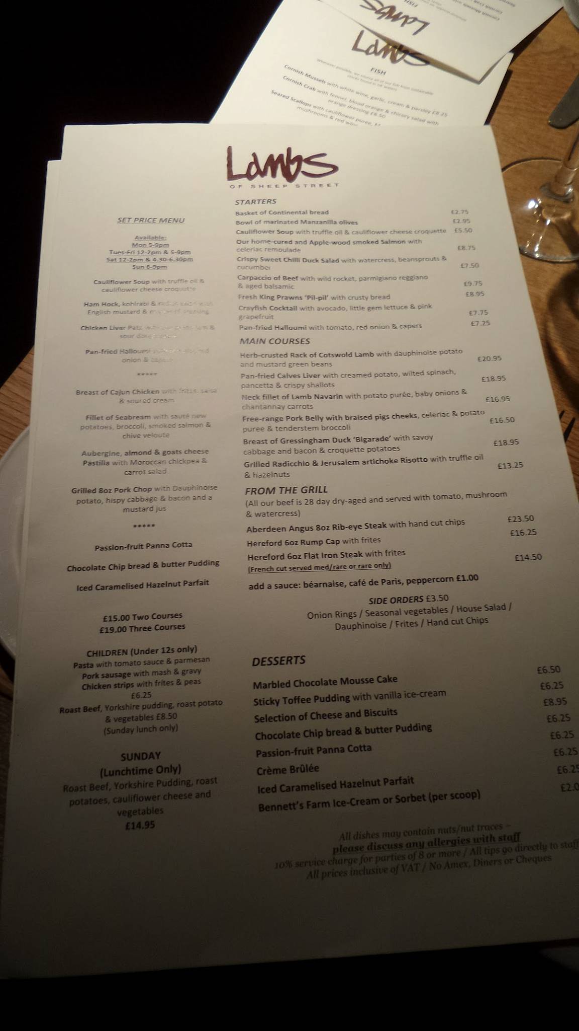 Menu at Lambs restaurant, Stratford-upon-Avon