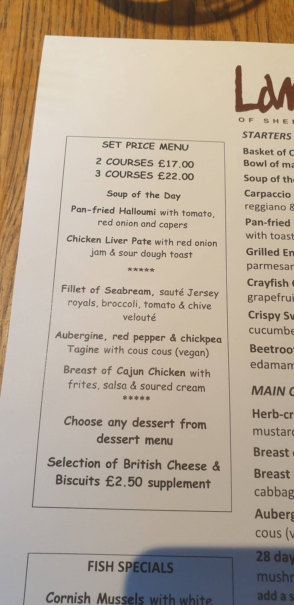 Menu at Lambs restaurant, Stratford-upon-Avon
